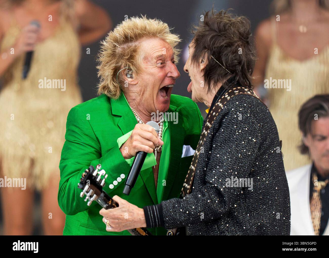 Rod Stewart, left, and Ronnie Wood perform during the Glastonbury ...