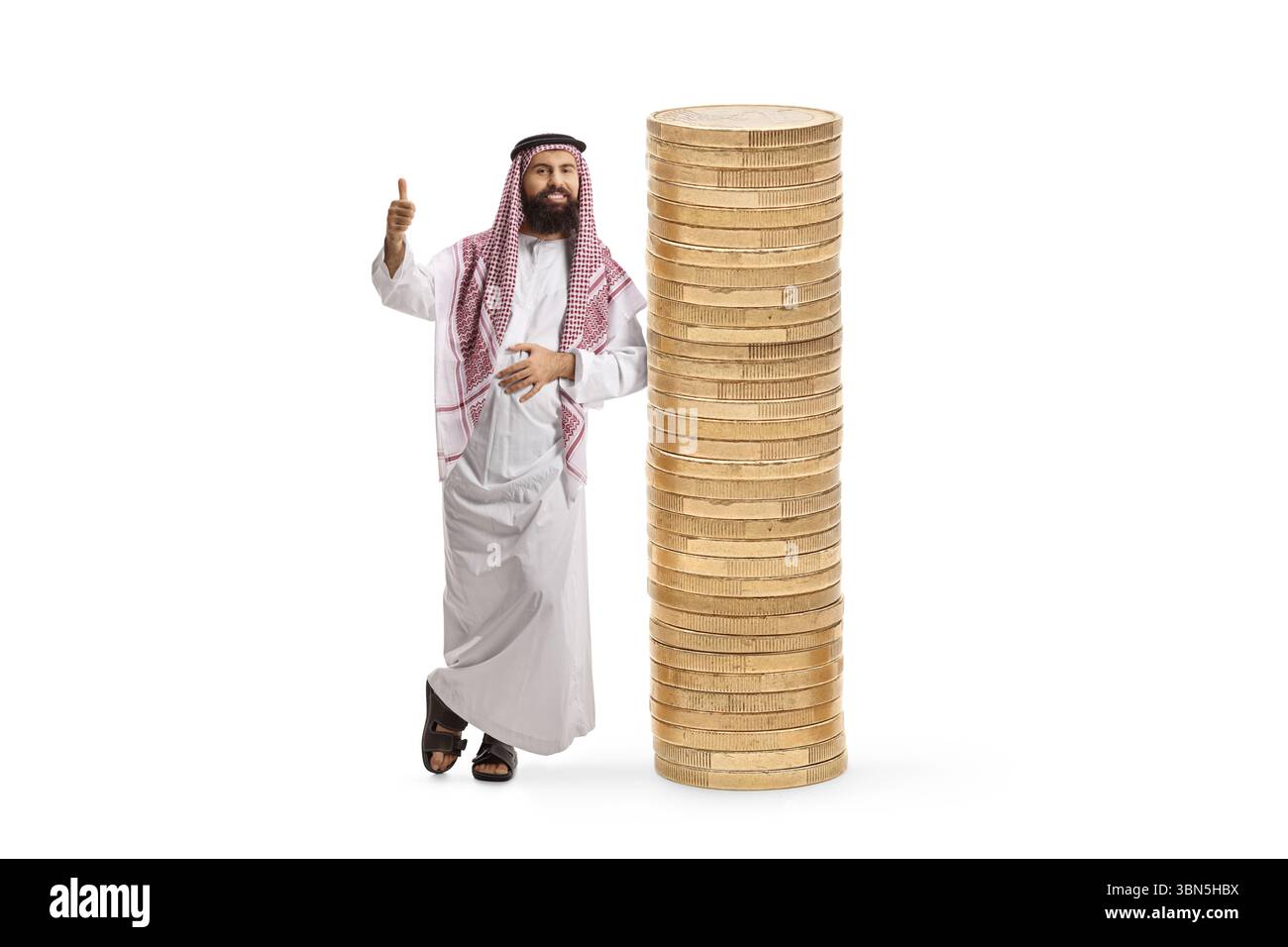 Saudi arab man in a traditional thobe leaning on a pile of coins and ...