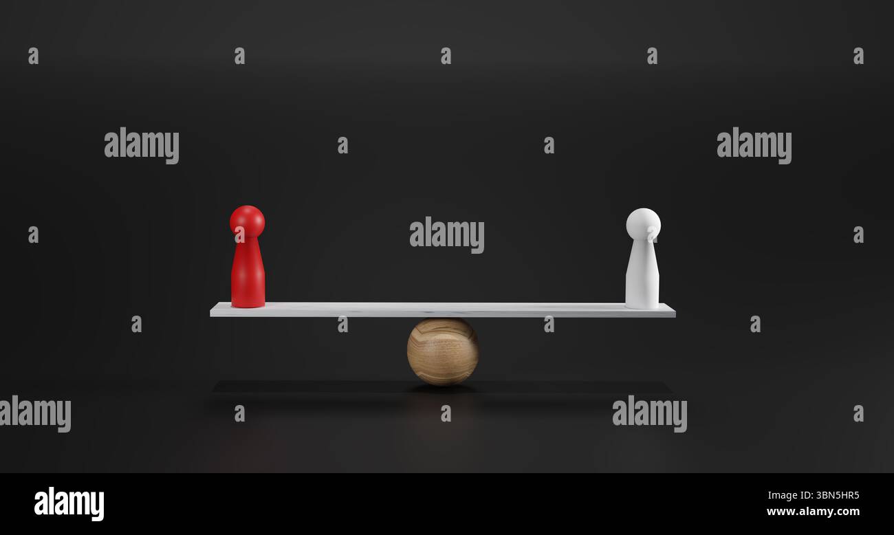 A red doll and a white doll balanced on a seesaw, symbolizing equality ...