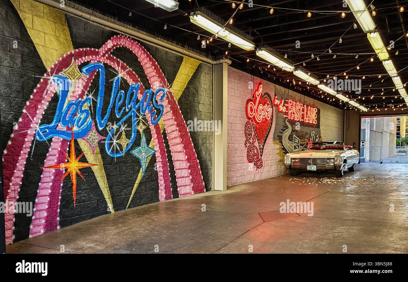 Colorful and nostalgic wedding drive-thru in Las Vegas, featuring retro ...