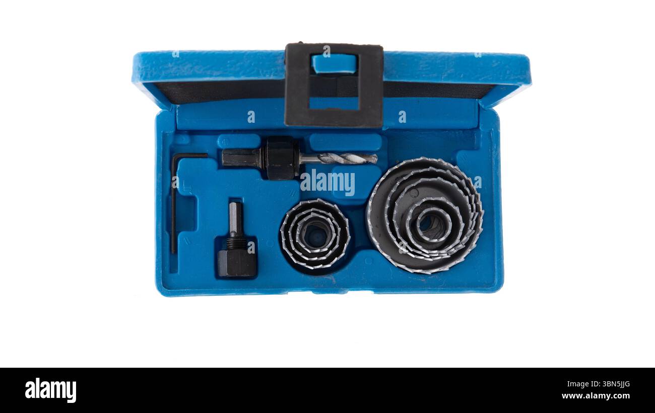 Toolkit with various hole saws shown Stock Photo - Alamy