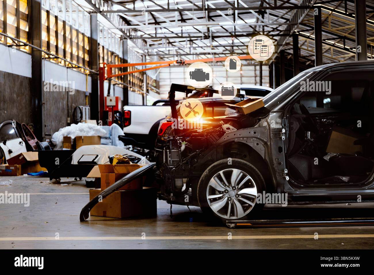 Modern car repair shop with disassembled vehicle and digital icons ...