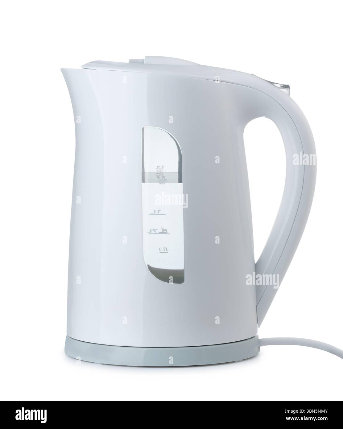 Side view of white plastic upright electric kettle isolated on white ...