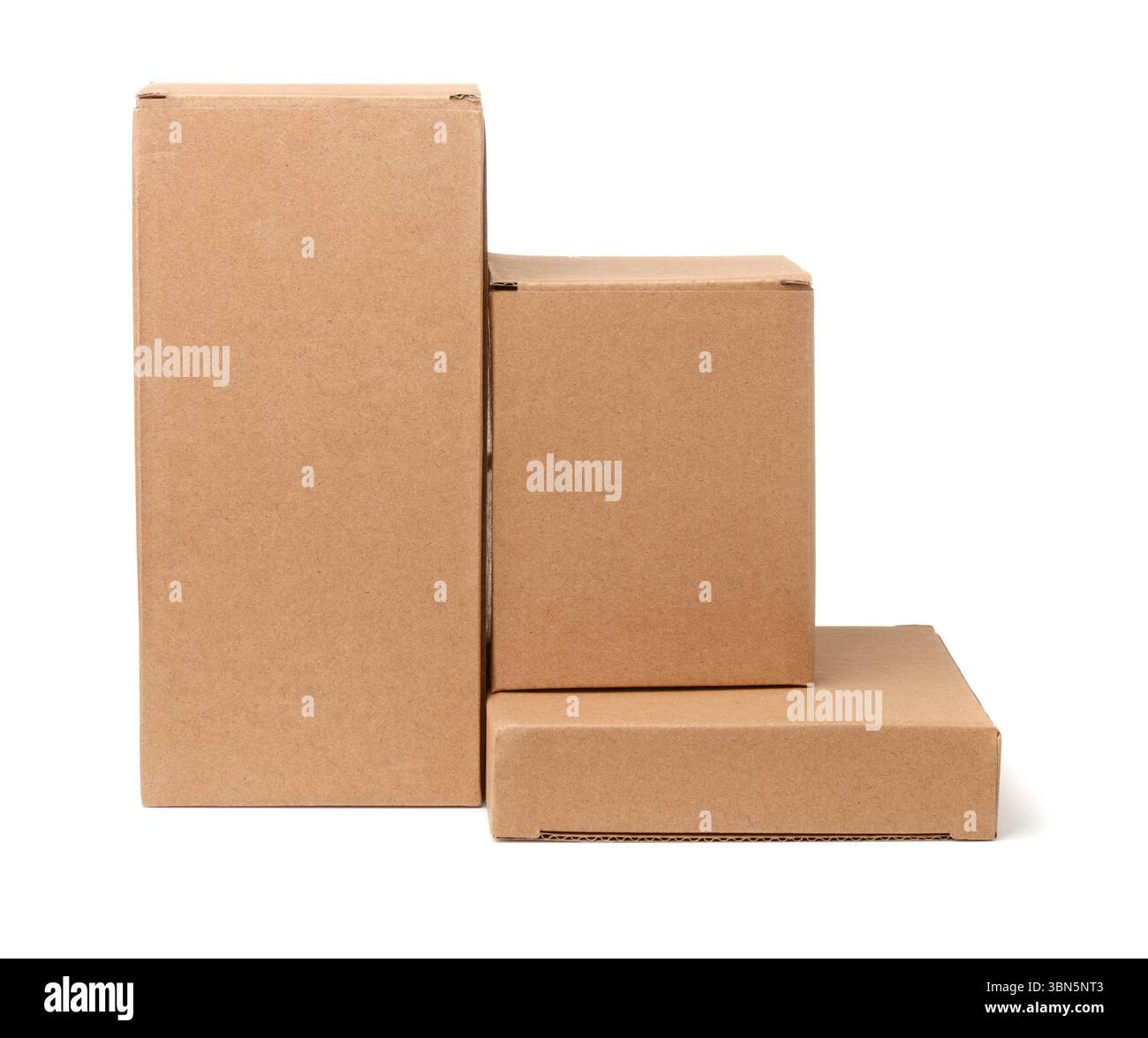 Front view of three different blank brown cardboard boxes isolated on ...