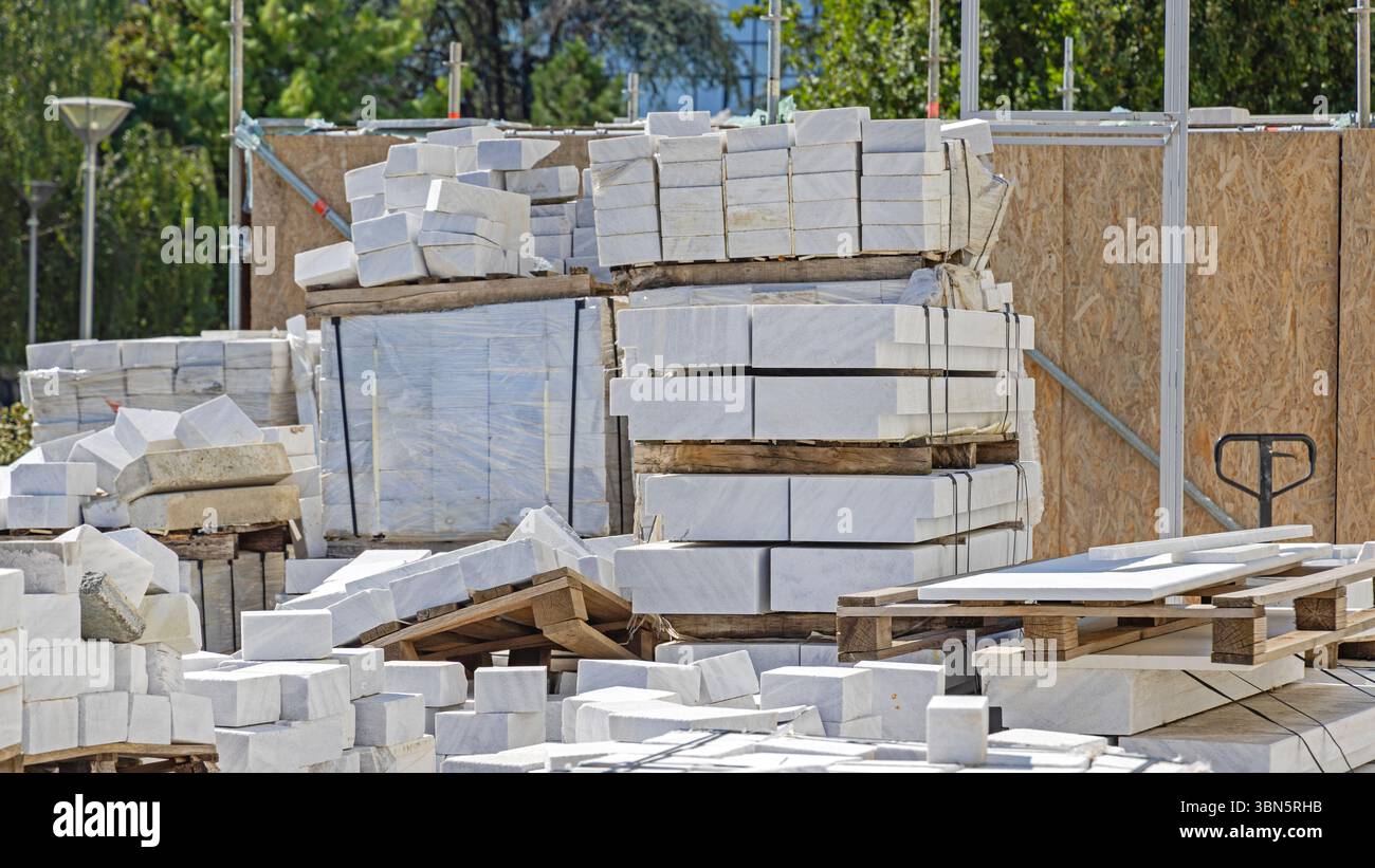 Large Stacks of White Marble Tiles at Cargo Pallets Construction Site ...