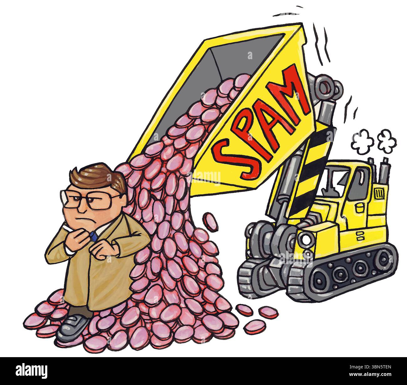 Man standing in front of a truck which is unloading a pile of spam, illustrating how modern ...