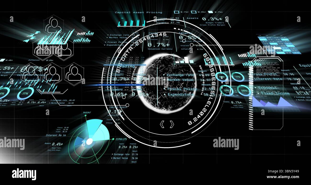 Animating holographic globe rotating in virtual display, with data rings, bar charts and user ...