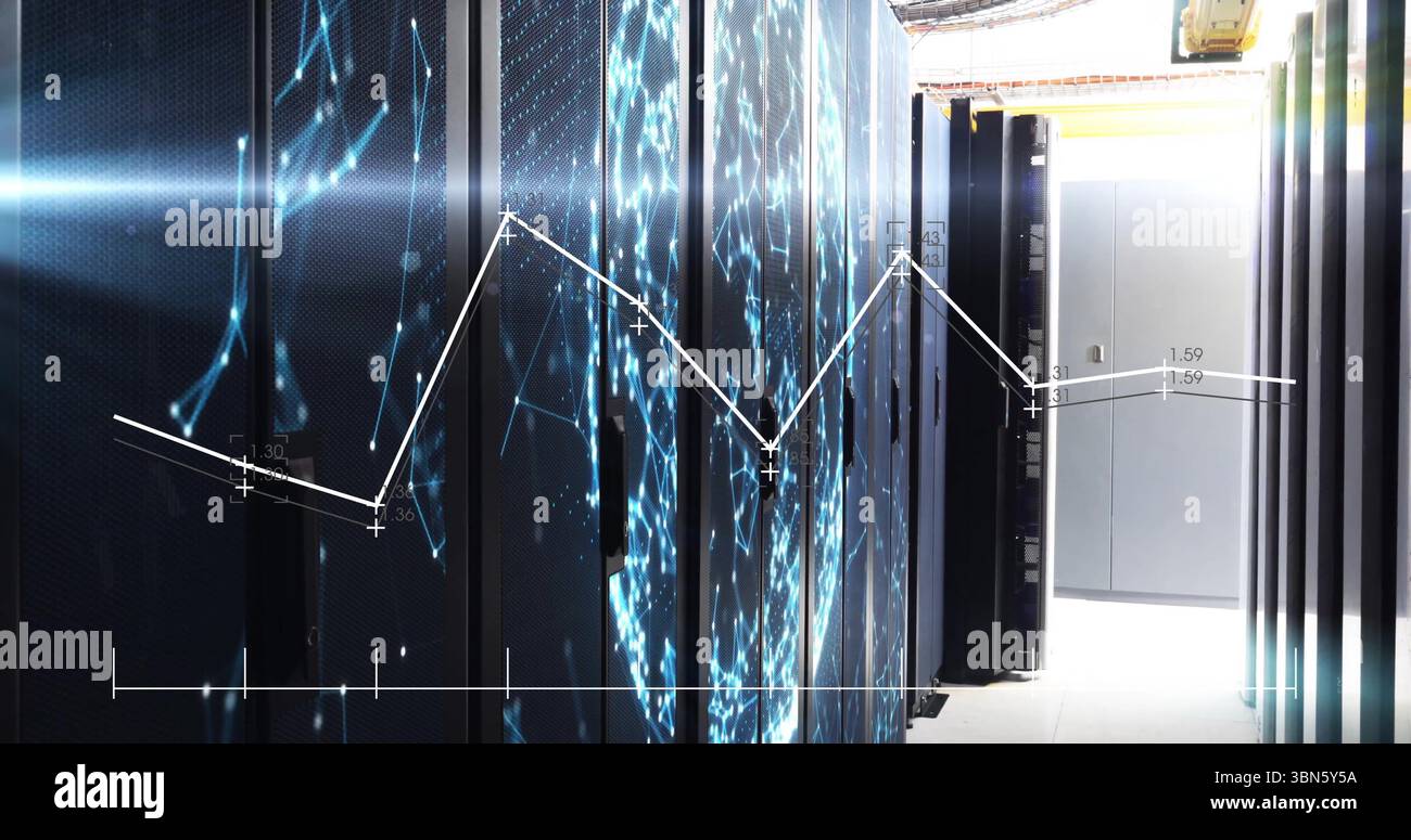 Revealing server racks tracing data flows in data center corridor, with cables and network ...