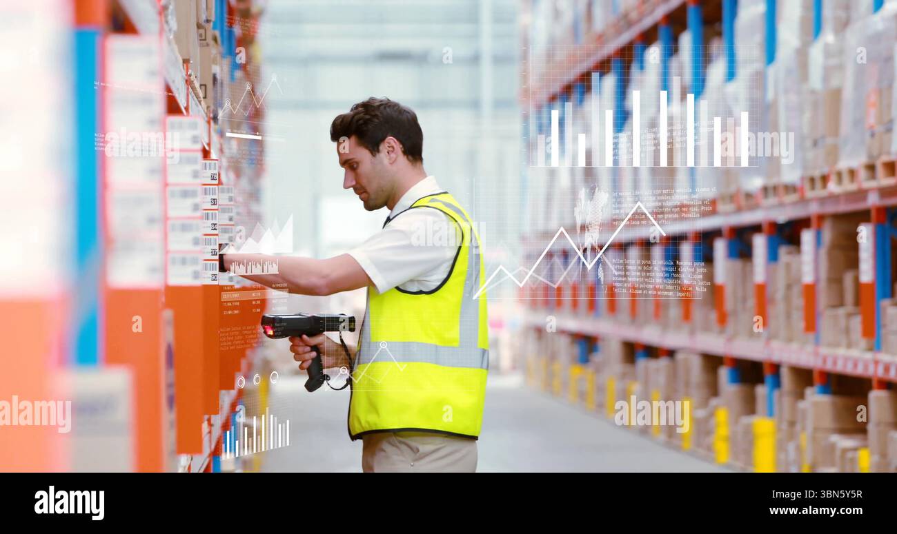 Standing man in safety vest scanning barcodes on boxes in warehouse ...