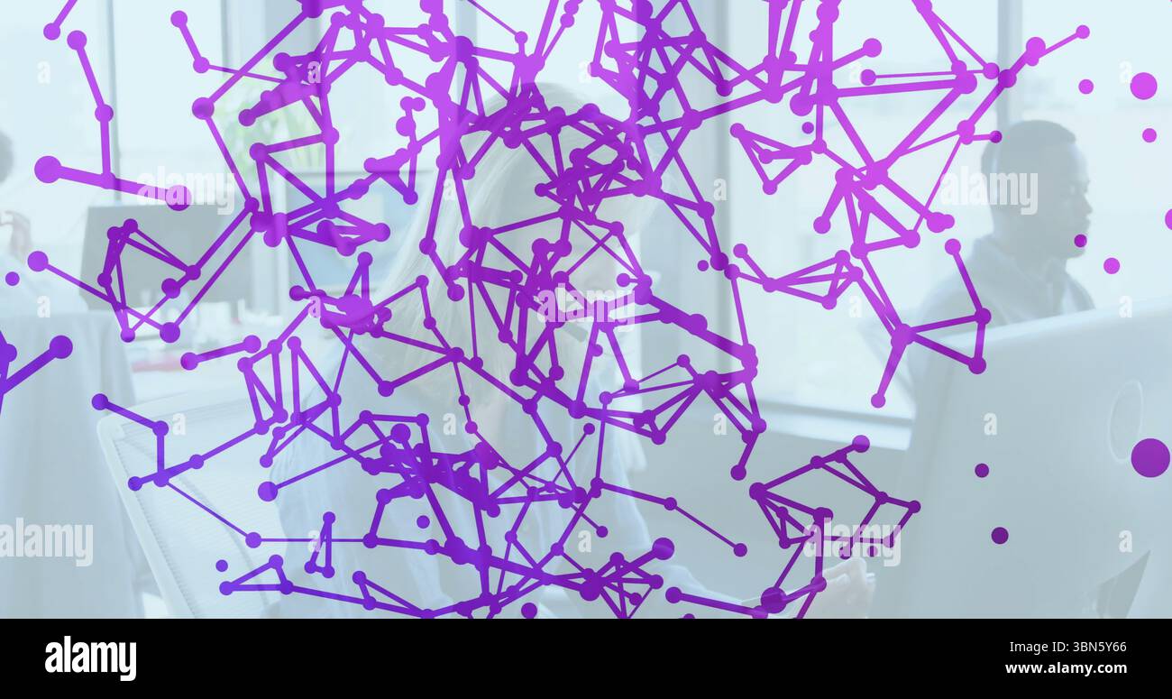 Purple network connections image over people working in modern office Stock Photo - Alamy