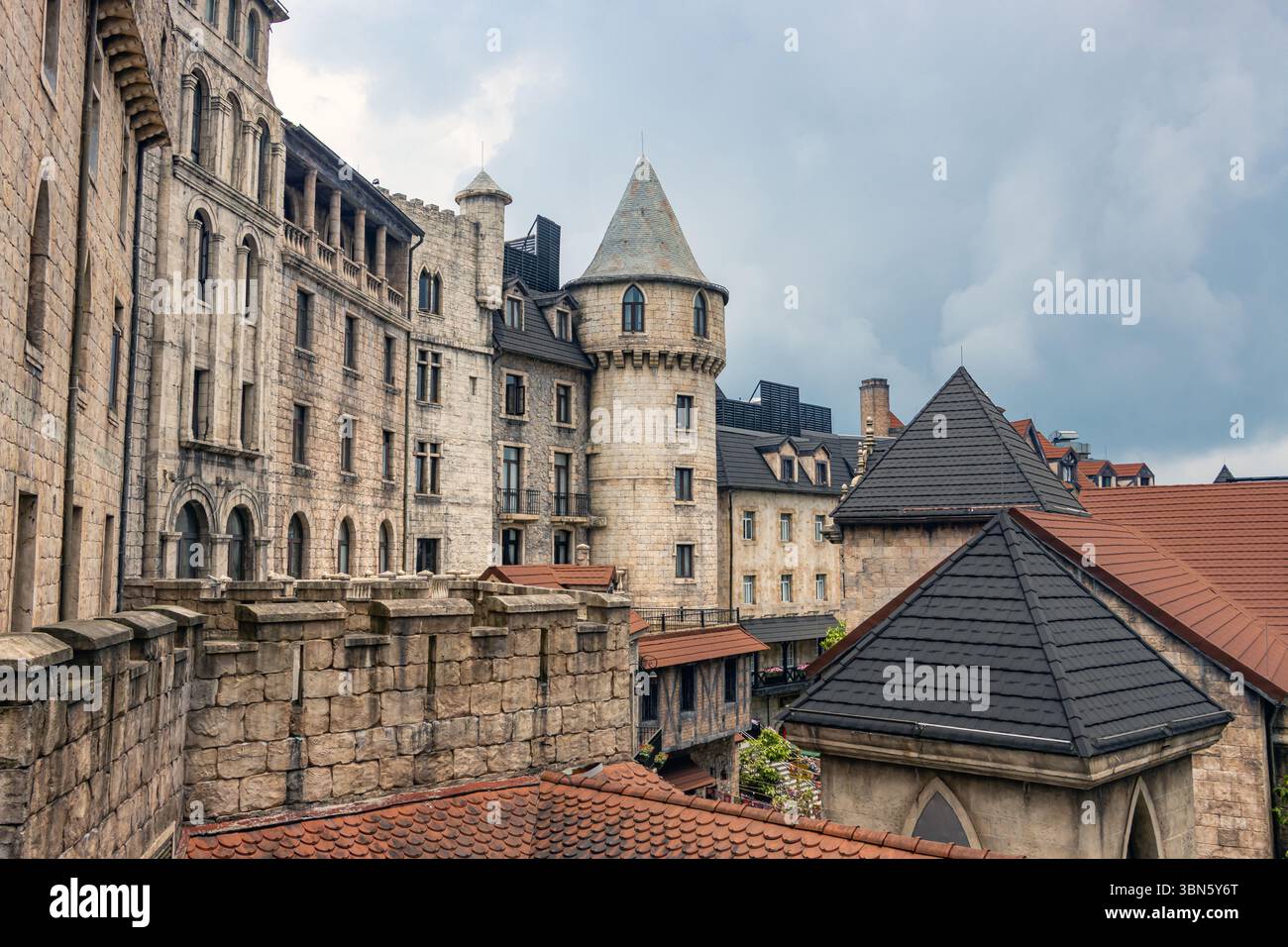 Historic architecture of a stone castle in European style with towers ...