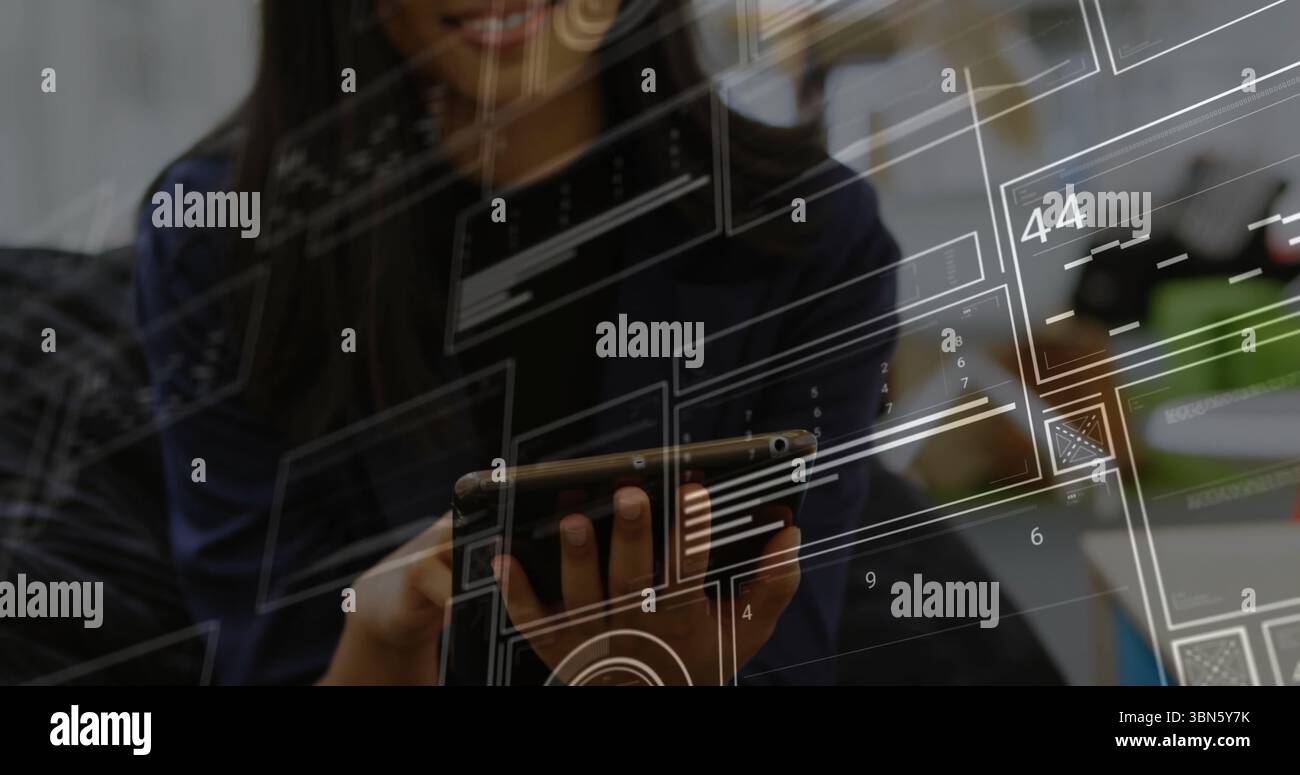 Tapping woman in navy blazer interacting with touchscreen tablet at ...