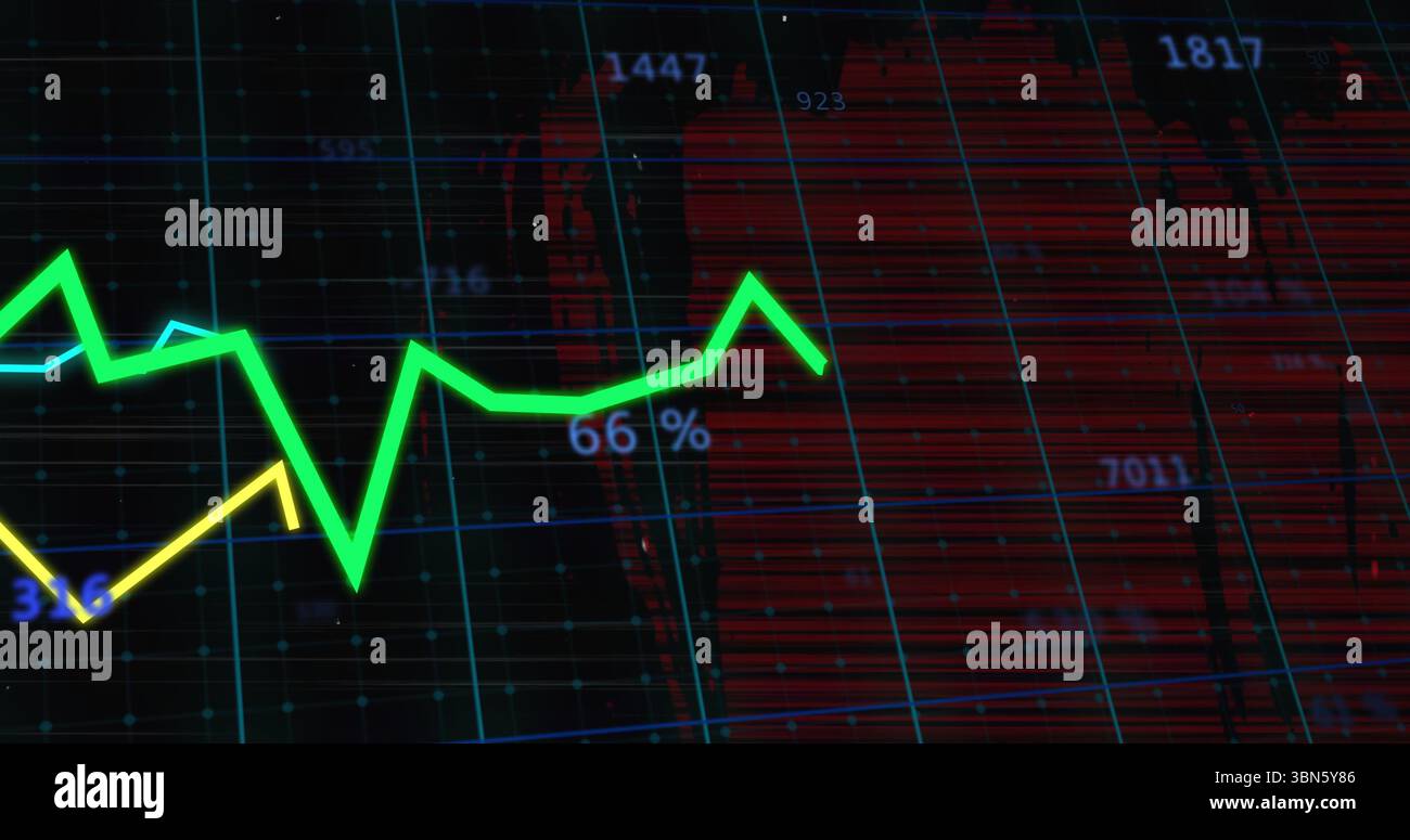Image of green line graph increasing 65% over red and blue grid background Stock Photo - Alamy