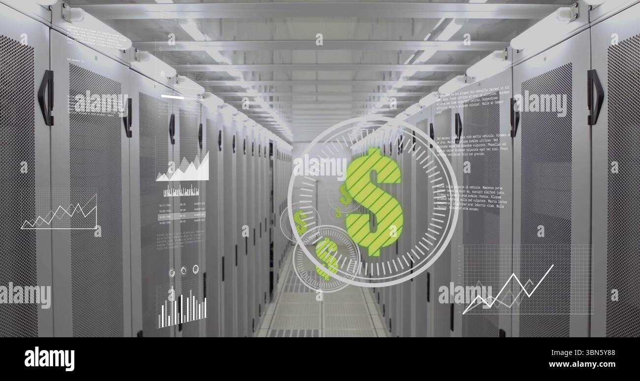 Floating green dollar-sign gauge hovering in data center aisle ...