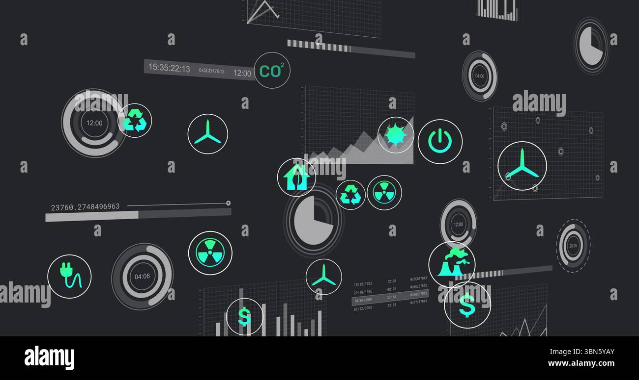 Displaying dashboard floating in virtual interface space, with rings charts and glowing green ...