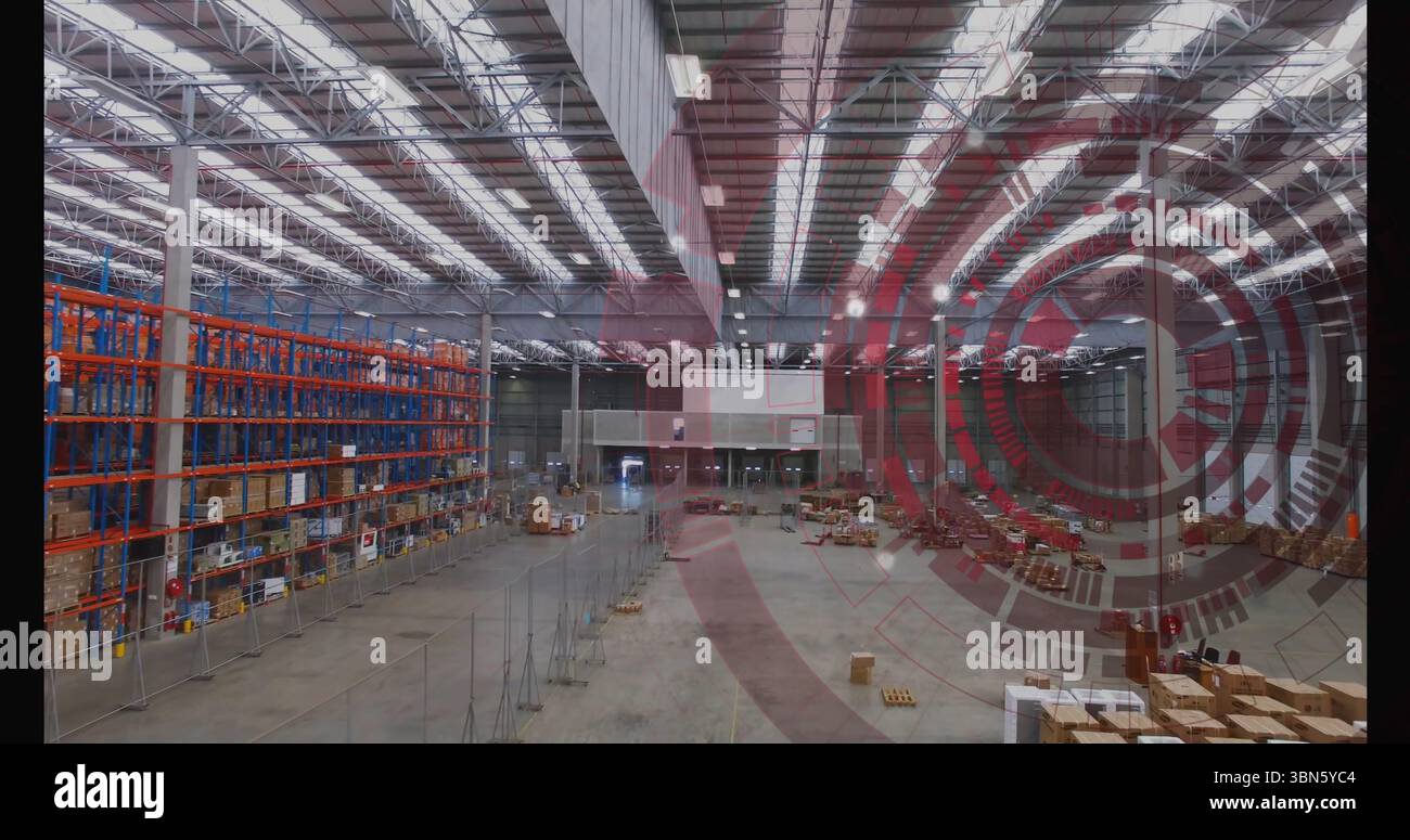 Showing warehouse interior featuring steel-truss roof under fluorescent ...