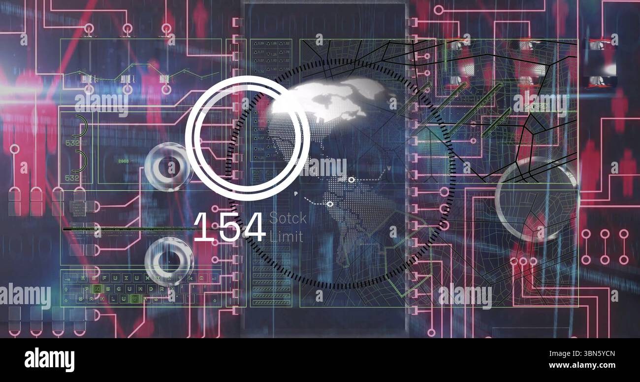 Showing Circular Hud Overlay Projecting World Map Data At Virtual Interface With Numeric