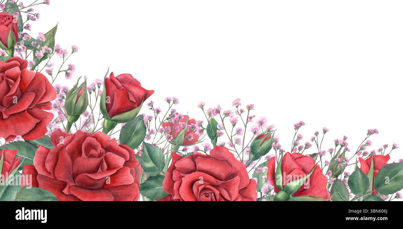 Watercolor floral rectangular frame with red roses, pink gypsophila and ...