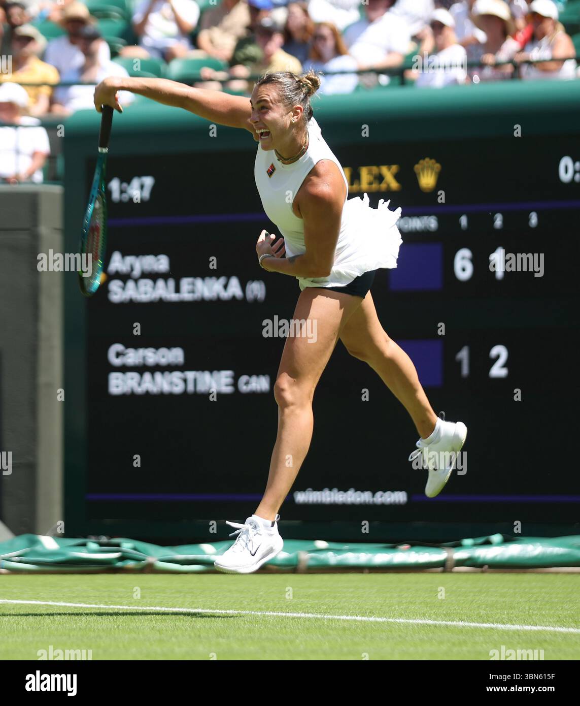 London, UK. 30th June, 2025. Belarusian Arnya Sabalenka serves in her ...