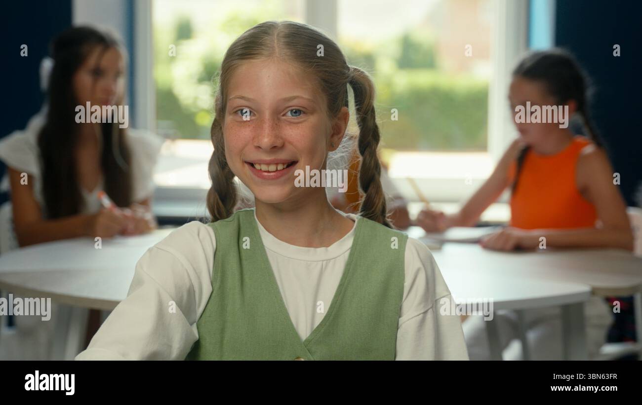 Caucasian girl portrait happy schoolgirl pupil student learner in ...