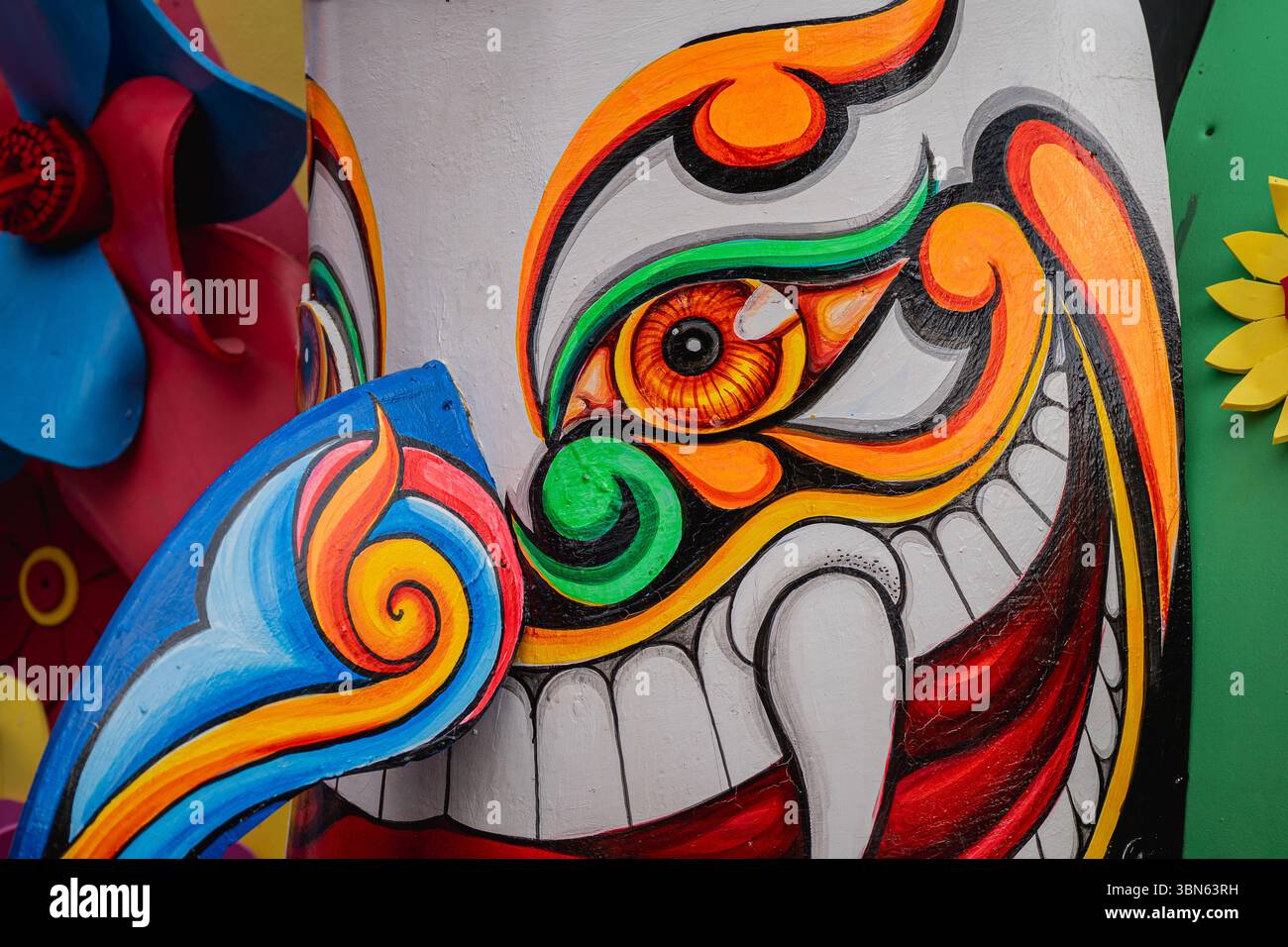 A Phi Ta Khon mask seen during the festival. Locals took to the streets ...