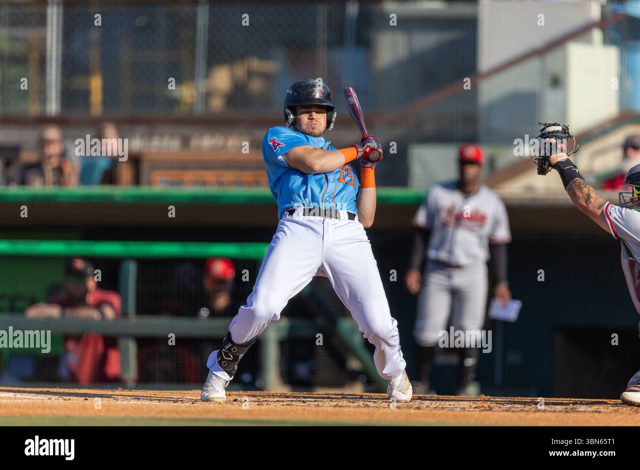 June 29, 2025: Inland Empire 66ers Jonathan Linares (13) at bat during ...