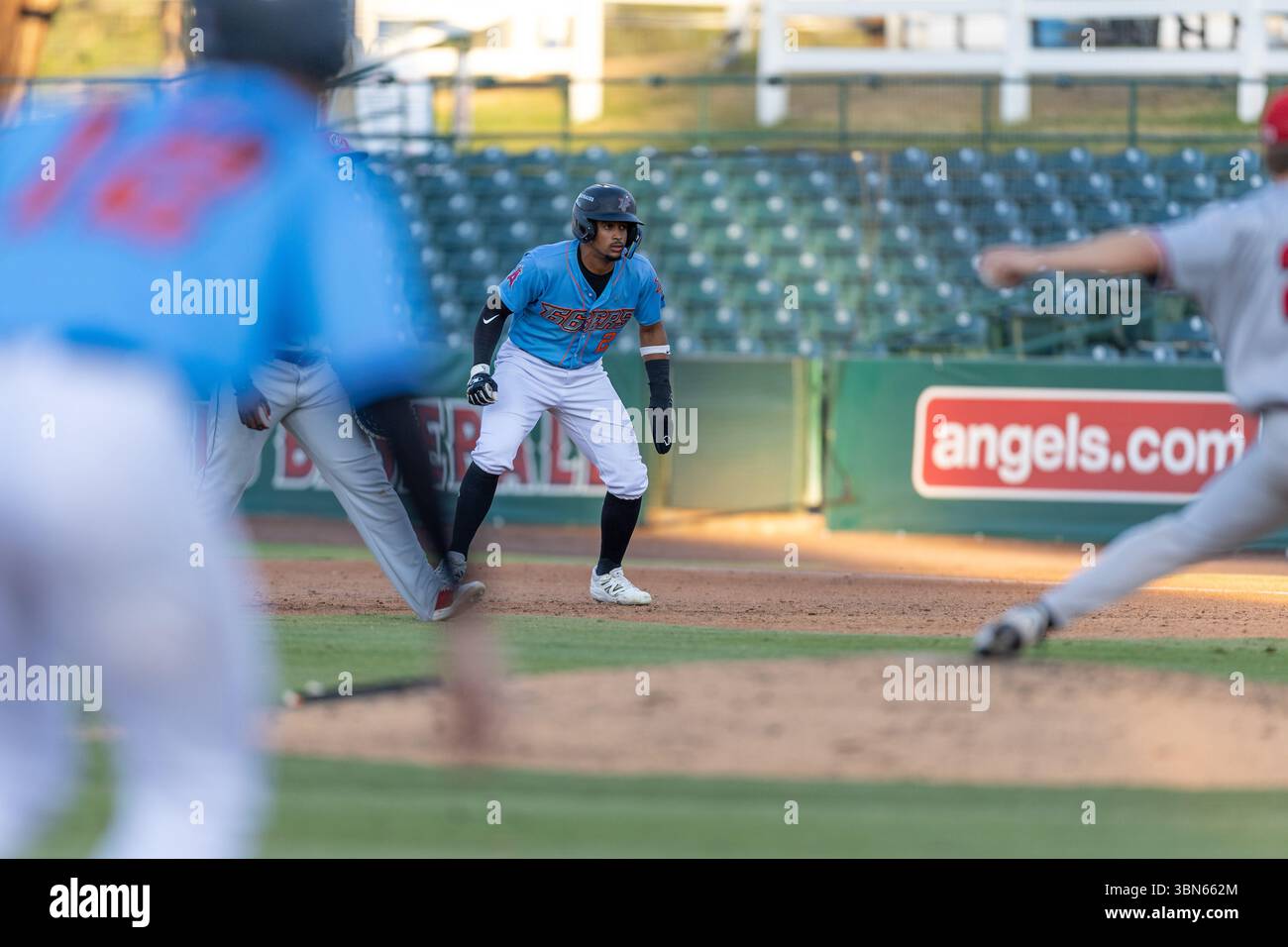 June 29, 2025: Inland Empire 66ers Edwardo Espinal (2) takes a lead off ...