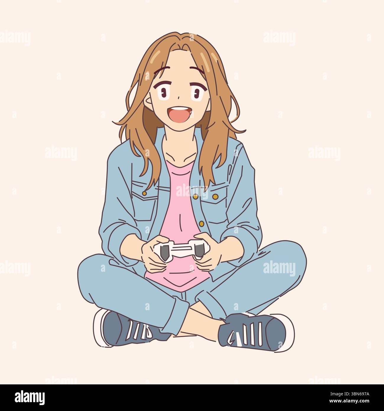Cheerful young anime woman playing video games with a controller ...