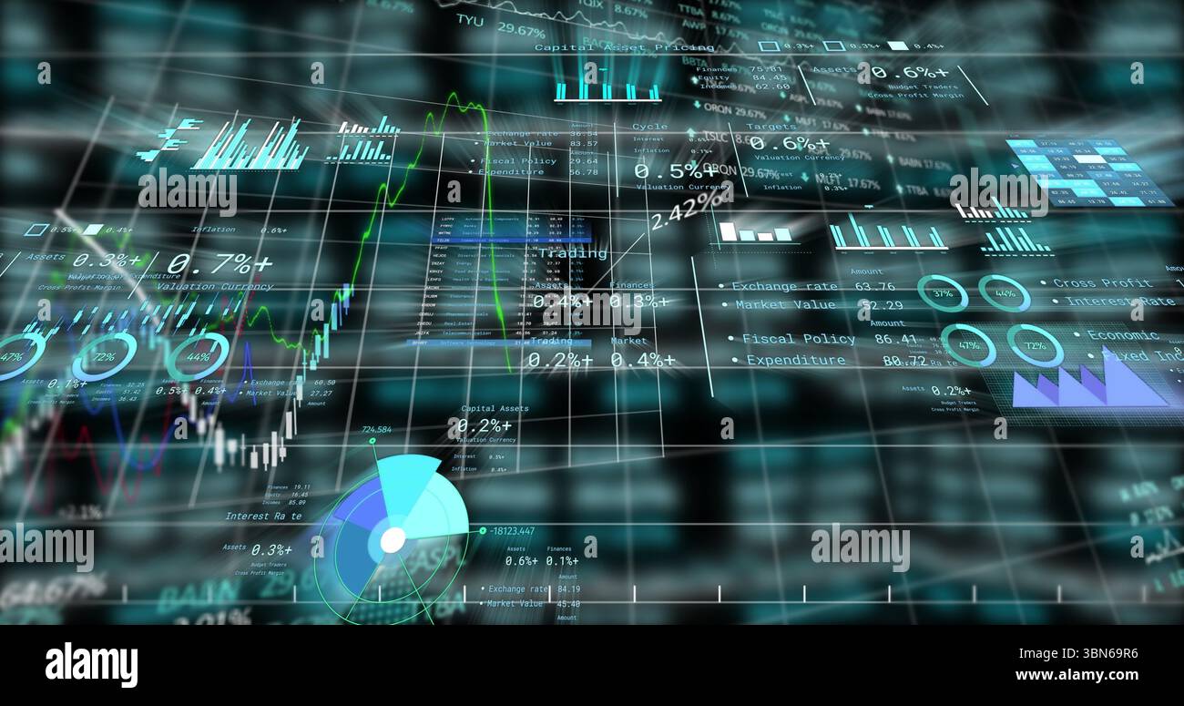 Presenting holographic trading interface in virtual dashboard, showing line graphs and data ...