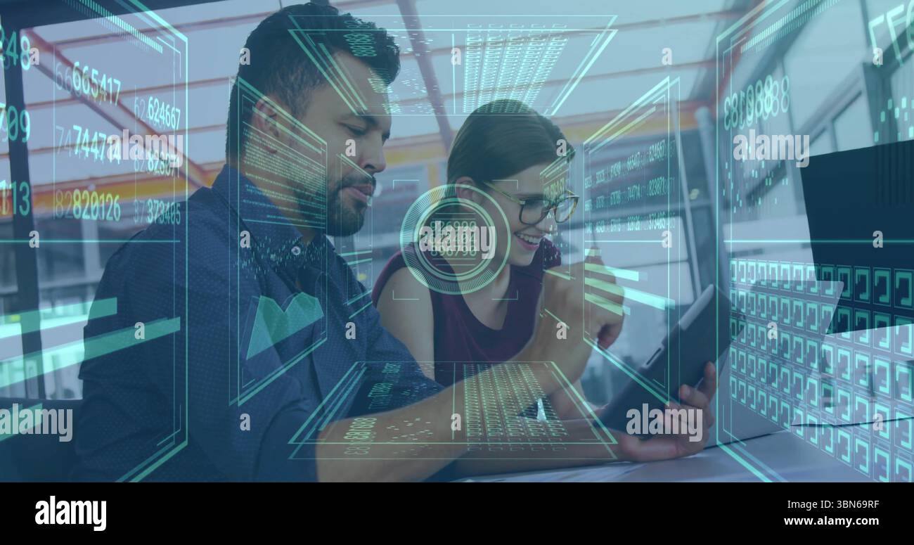 Two analysts wearing glasses examining tablet screen in modern office, with holographic data ...