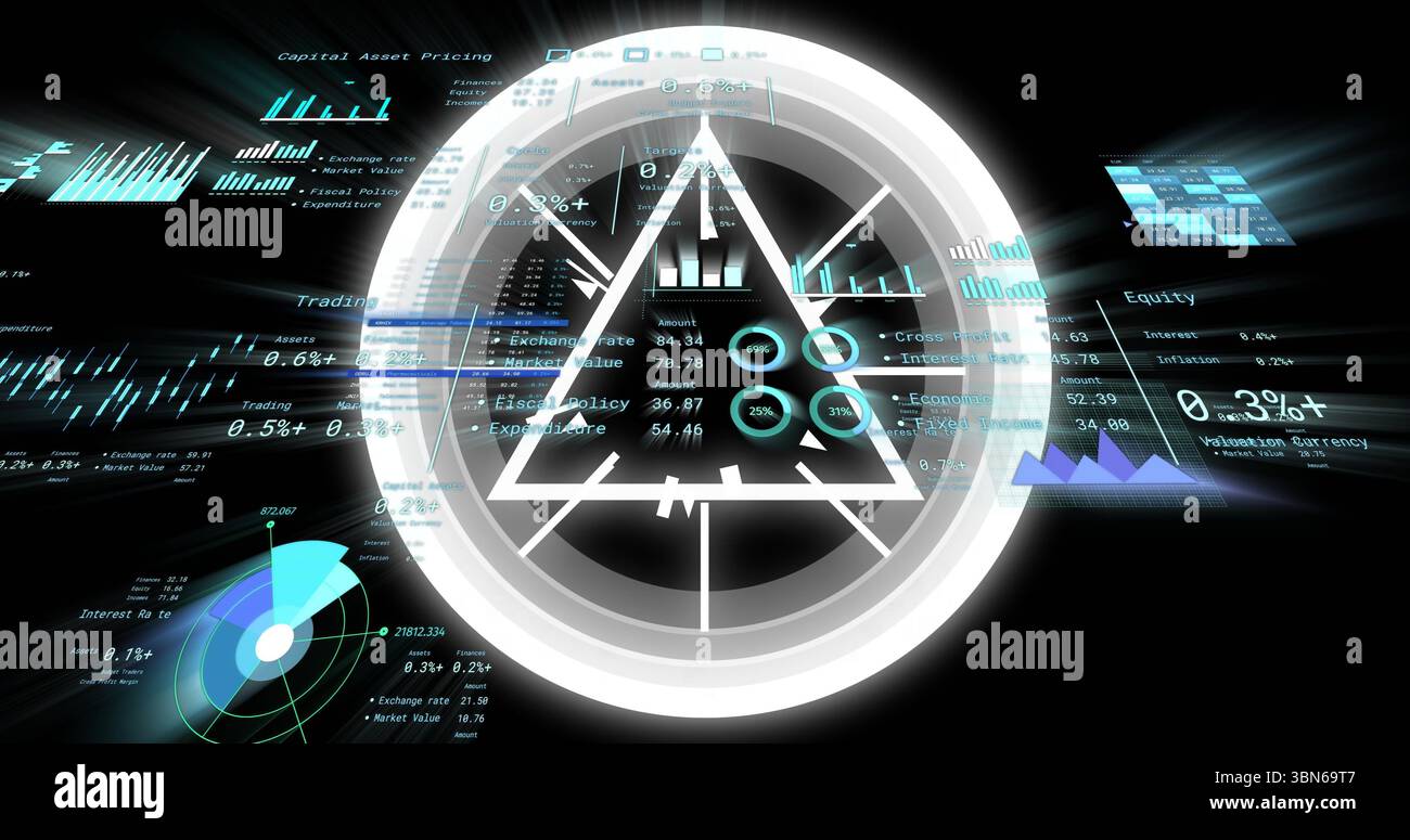 Showing holographic UI overlaying triangle in data hub with charts ...