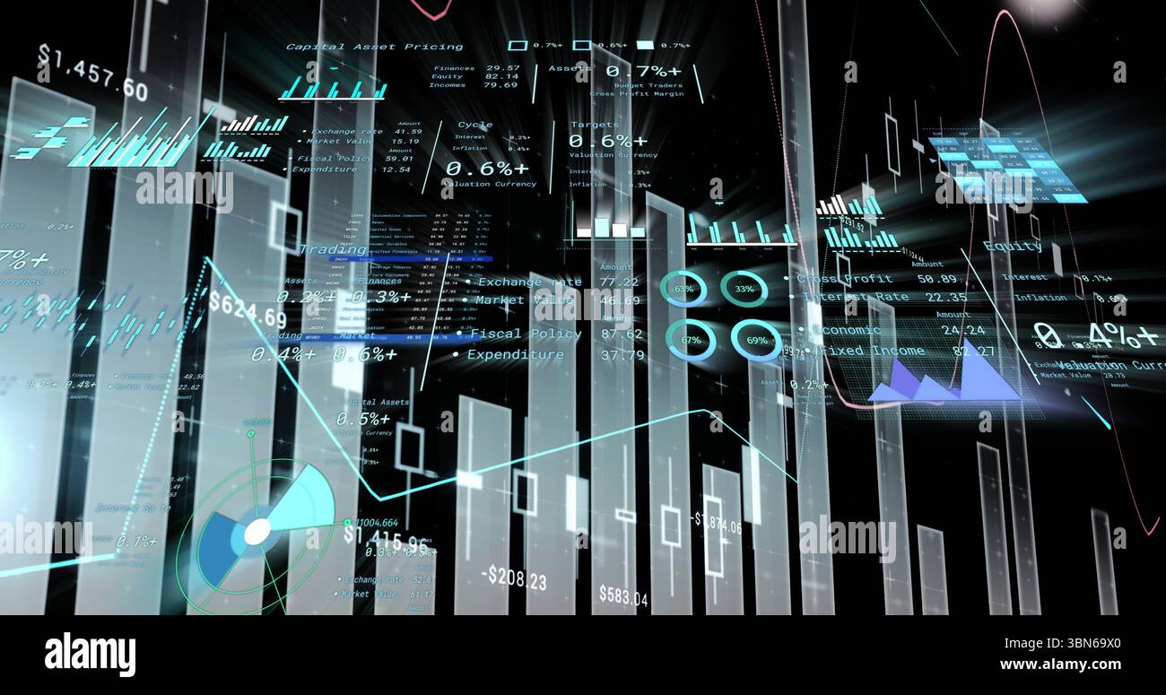 Floating vertical bar charts and line graphs pulsing in digital space, with holographic data ...