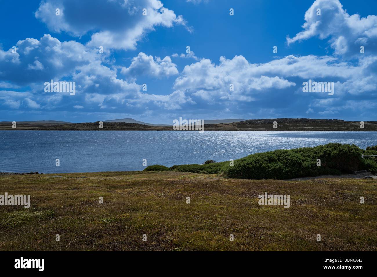 Wide angle landscape photo including a lake in the Falkland Islands ...