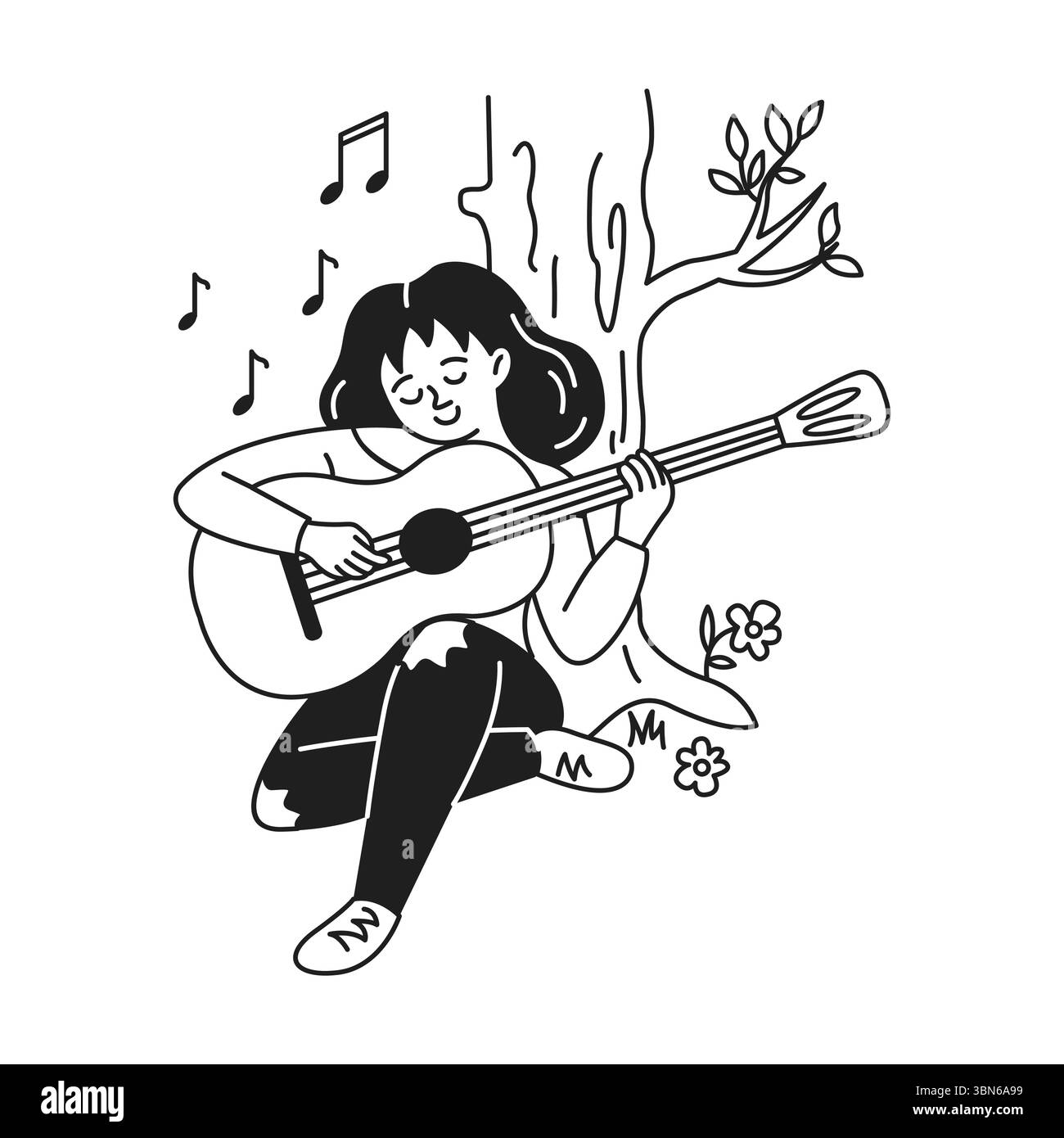 Cartoon woman playing guitar with peaceful expression under tree. Music ...