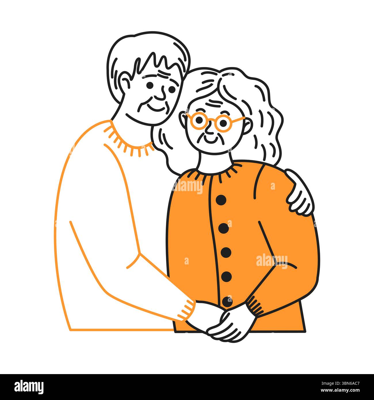 Charming line drawing of an elderly couple hugging. They share warmth ...