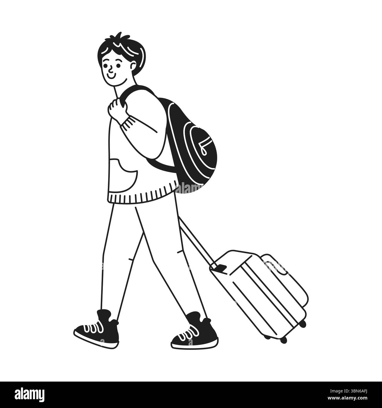 Illustration of a cheerful traveler with a backpack. He pulls a ...