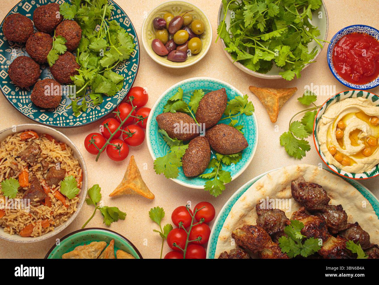 Middle eastern or Arab dishes and assorted meze on light beige ...