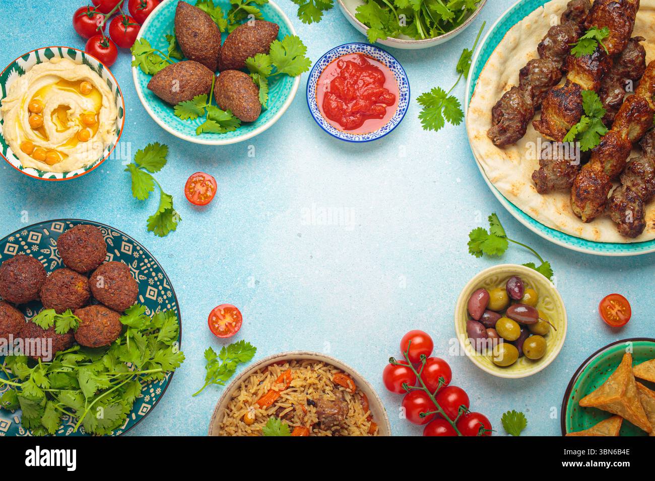 Top view of a vibrant table filled with lebanese dishes and mezze ...