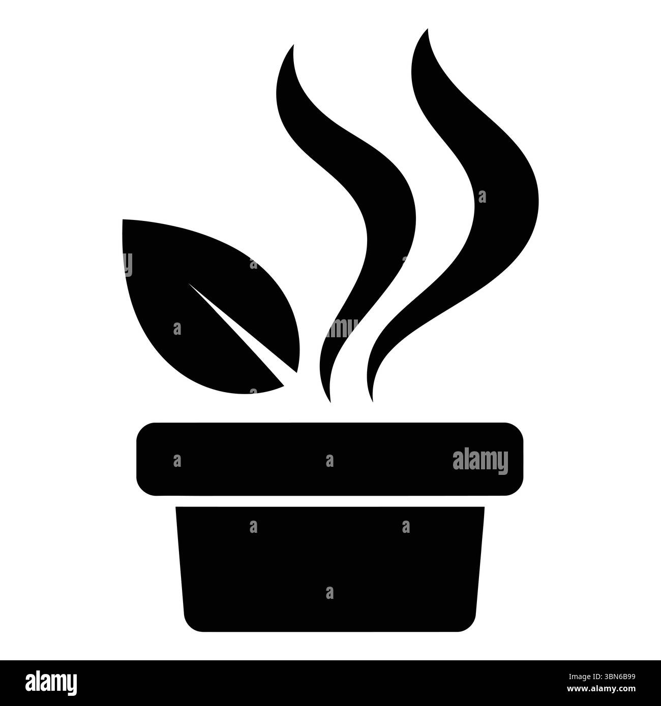 Black and white illustration of a plant pot with leaves and steam ...