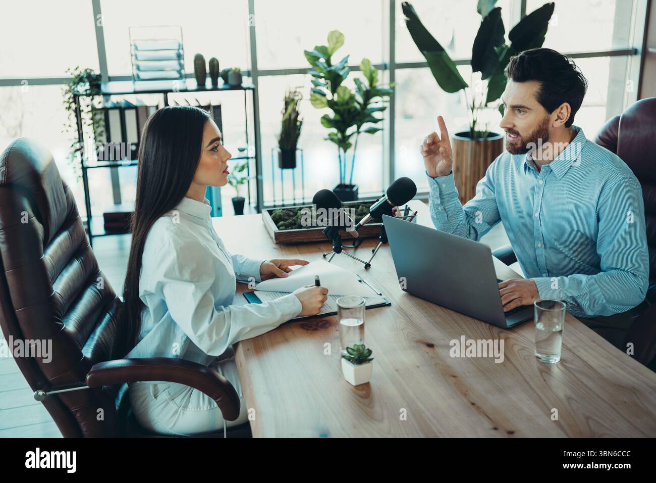 Business professional conducting a collaborative discussion with ...