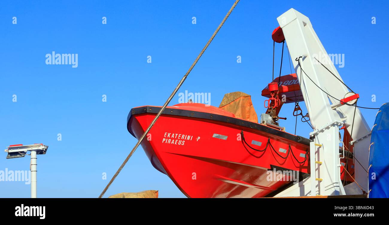Upper deck and lifeboat, Greek ferry boat, The Cyclades island group ...