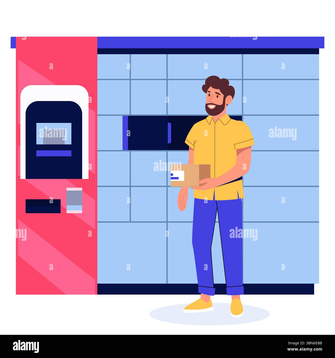 Man receives or sends parcel in parcel locker. Vector flat cartoon ...