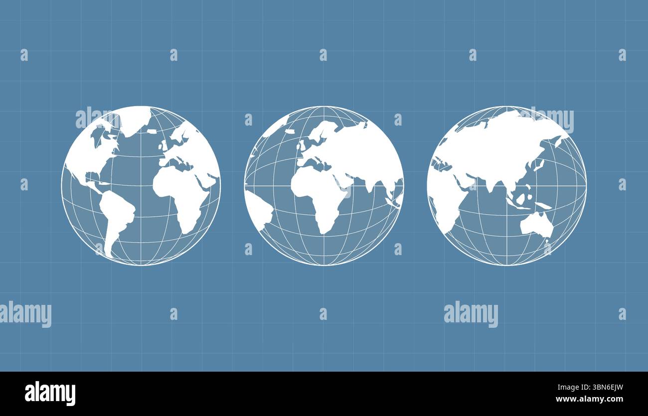 World map set. Europe, Asia, America, Oceania globe maps. World globe icons isolated on blue ...