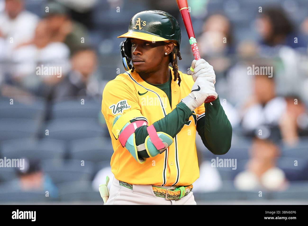 BRONX, NY - JUNE 27: Lawrence Butler #4 of the Athletics at bat during ...