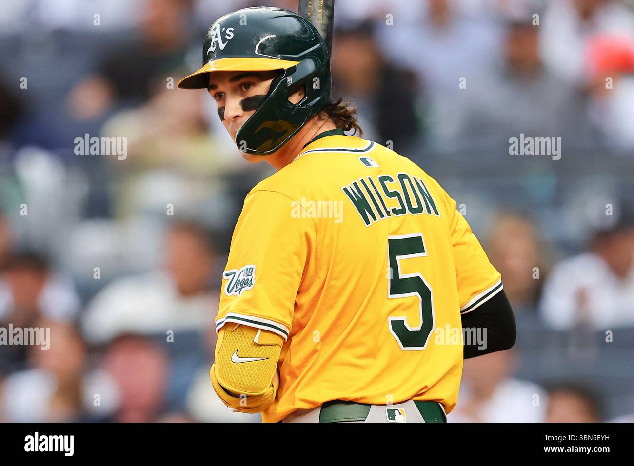 BRONX, NY - JUNE 27: Jacob Wilson #5 of the Athletics at bat during the ...