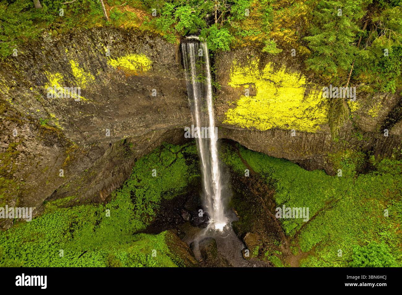 LaTourell Falls, Oregon, USA - May 21st 2019: Water cascades down LaTourell Falls, surrounded by ...