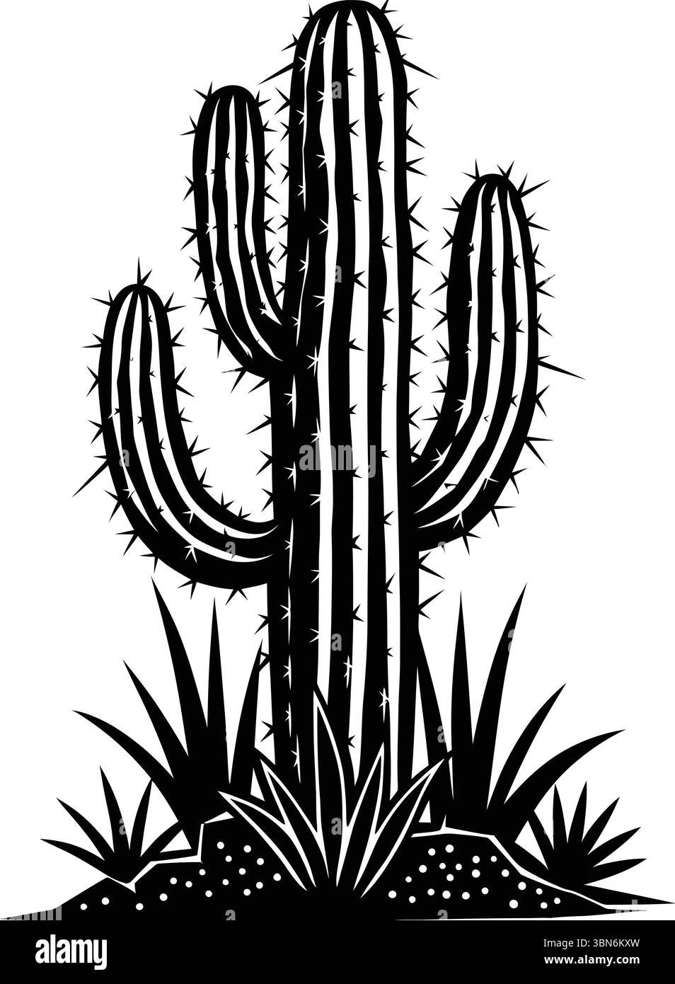 saguaro cactus silhouette, southwestern art, hand drawn sketch of ...