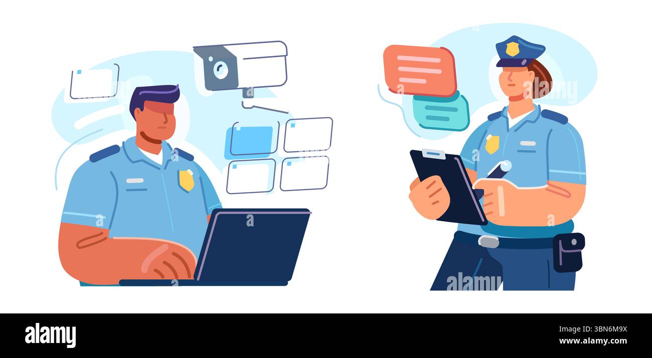 Police officer using video surveillance. Law enforcement ...