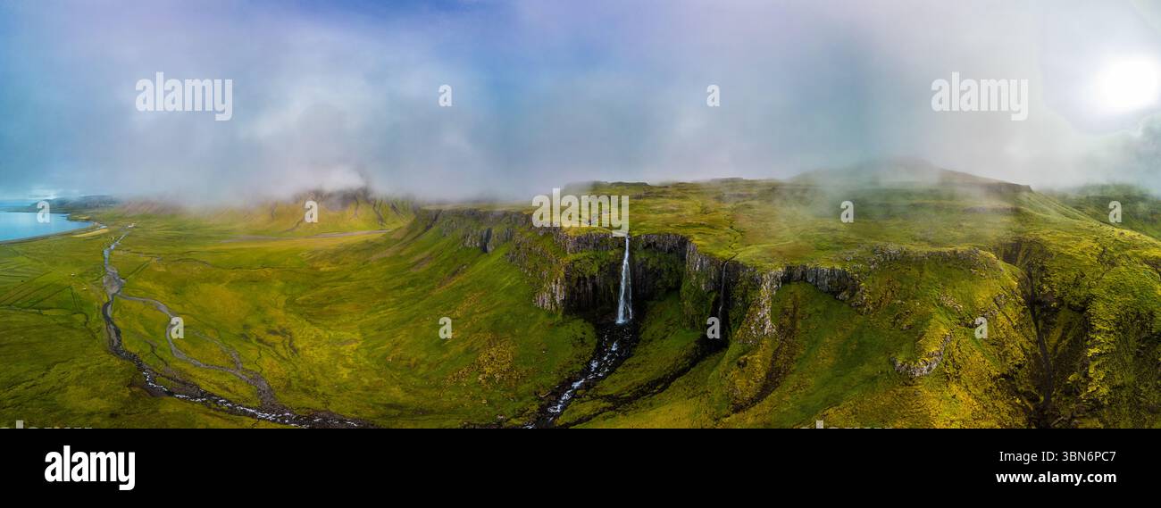 Aerial drone shots of Grundarfoss Waterfall, on Snaefellness peninsula ...