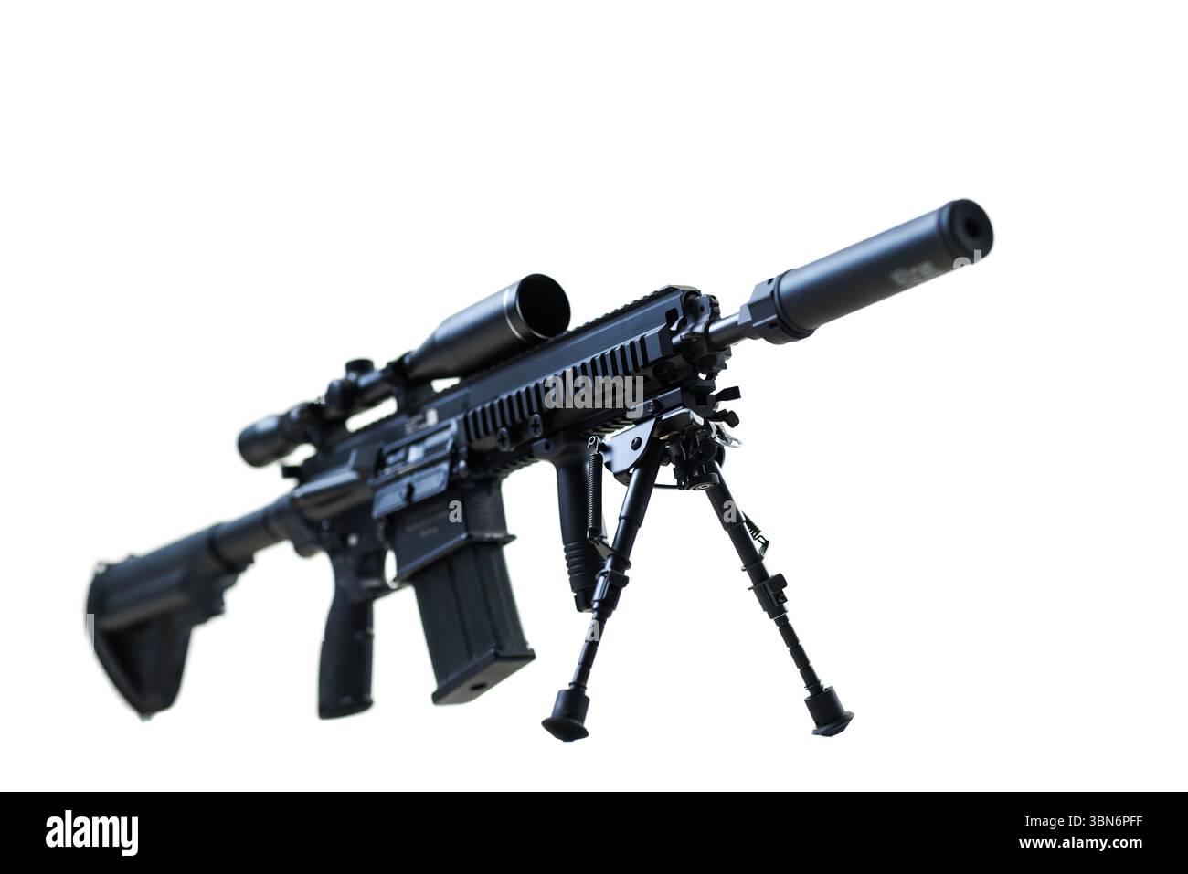 Tactical rifle highlighting its components, including a precision scope ...